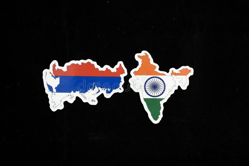 Russia and India Map Flags on Black Background Stock Photo - Image of ...