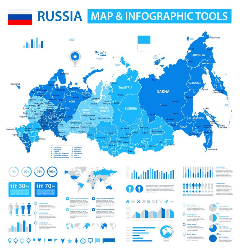 Russia Infographic Map with Data Visualization Elements - Vector Map of ...