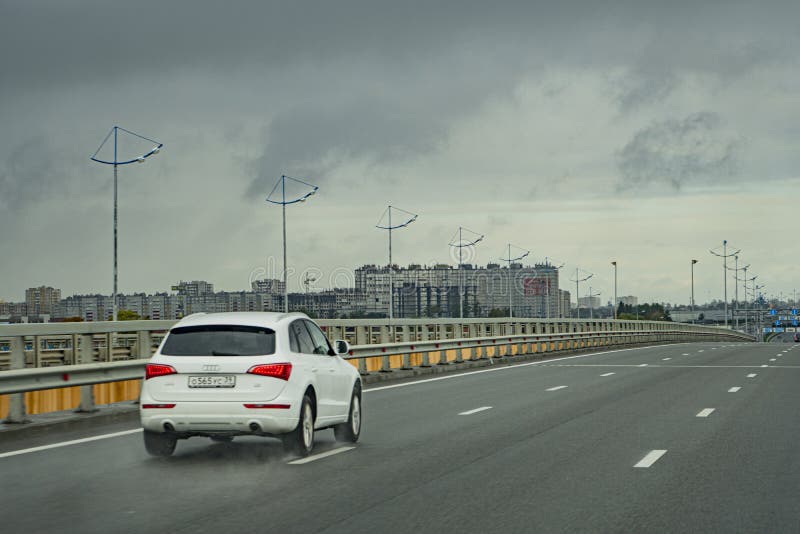 Russia Kaliningrad 2019 White Car Rides on the Overpass Bridge ...