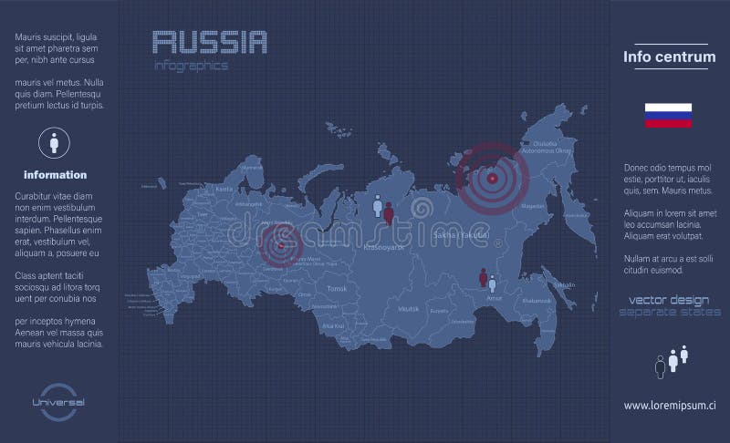 Russia Map, Separate Regions with Names, Infographics Blue Flat Design ...