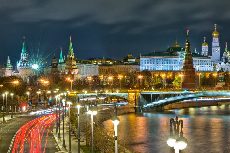 Russia, Moscow, Night View of the Moskva River Stock Image - Image of ...