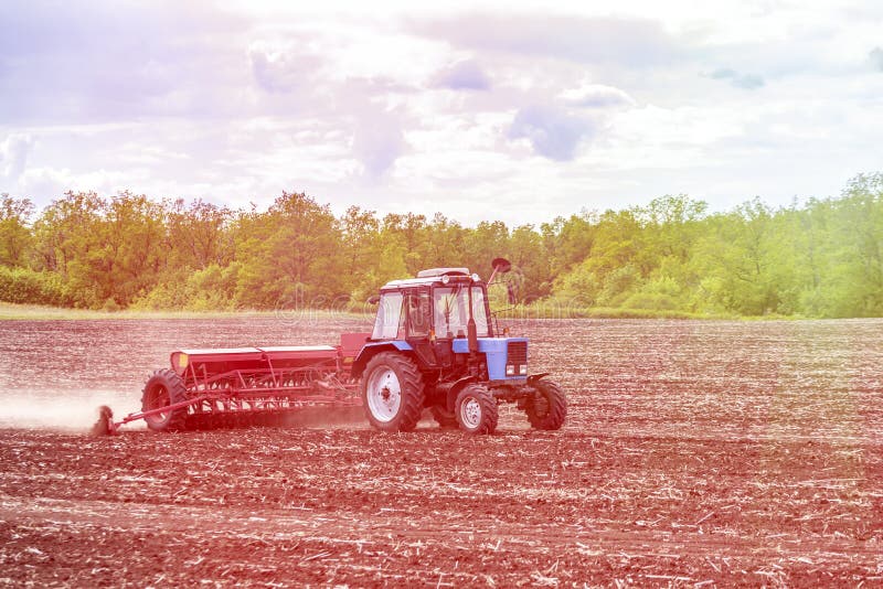Sowing Work. a Tractor with a Seeder Trailer Works in the Field at ...