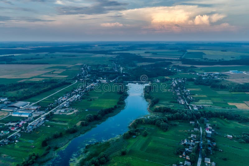 Russia, a Typical Rural Settlement. Evening Shot from the Air Stock ...