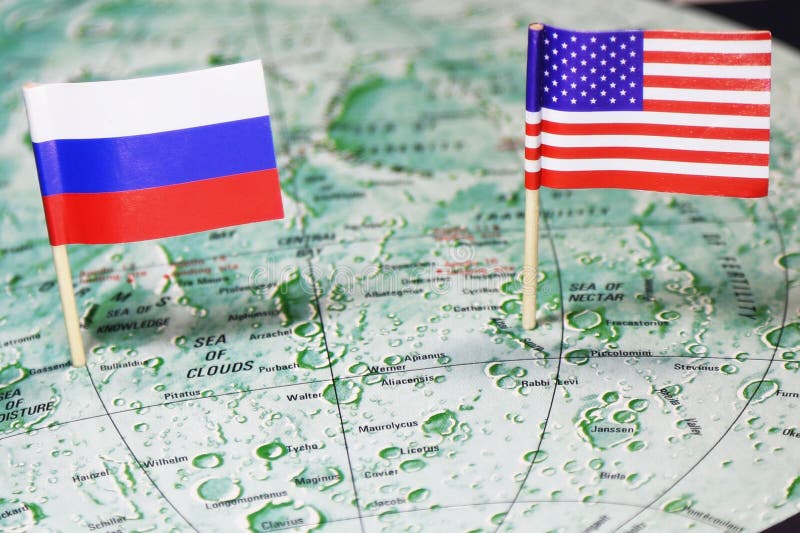 Russia and the USA Flags on Map in Conflict Over Colonizing the Moon ...