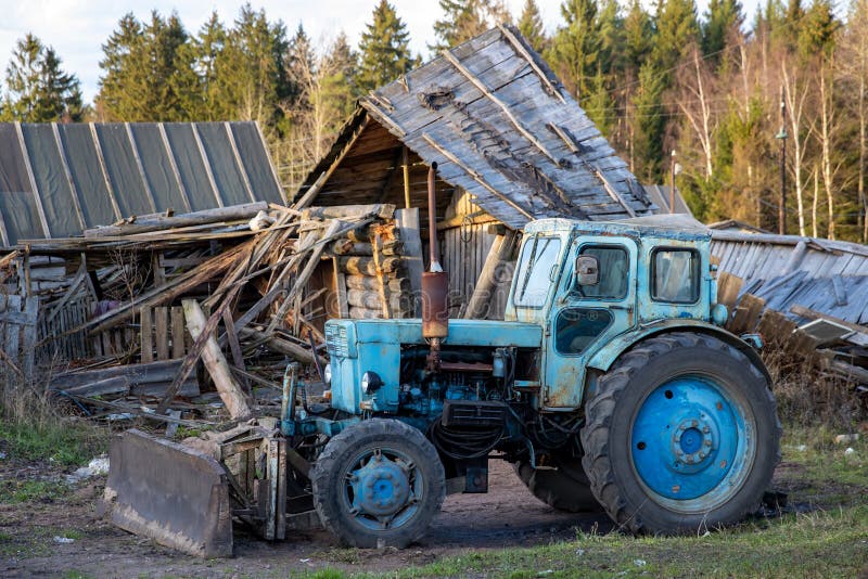 Russia. Vyborg. 10.10.2020 Blue Tractor in the Village Editorial Photo ...