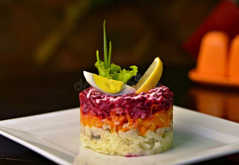 Russian Appetizer Herring Under Furcoat Stock Photo - Image of plate ...