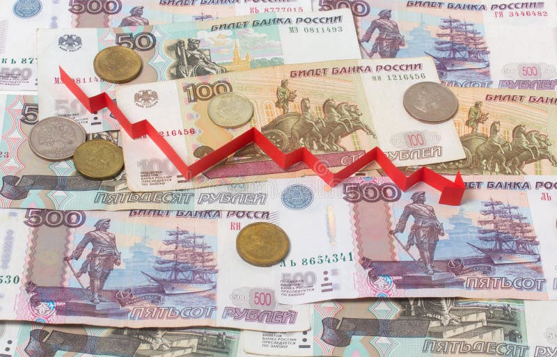 Russian Banknotes and Arrow Down Stock Image - Image of coin, chart ...