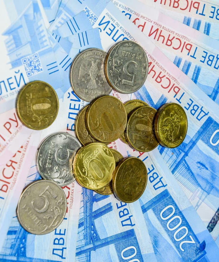 Russian Banknotes and Coins. a of Coins on New Russian Banknotes in ...
