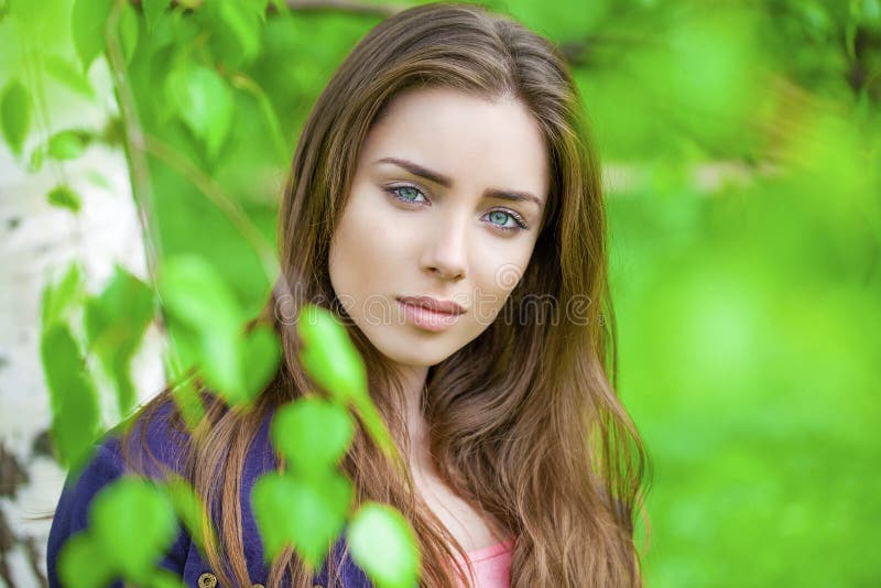 Russian Beauty Young Brunette Girl At A White Birch Stock Image Image Of Face Adult 59037415