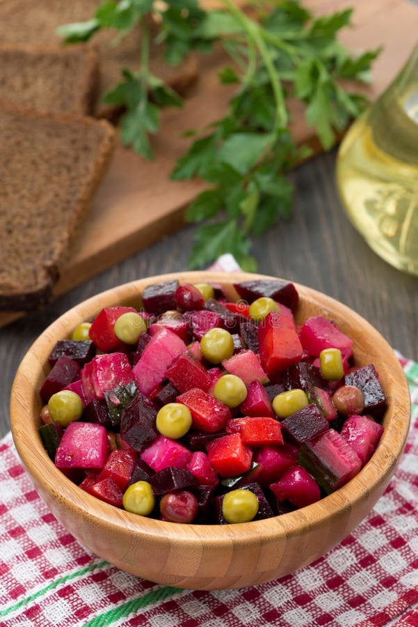 Russian Beetroot Salad Vinaigrette in a Wooden Bowl, Close-up Stock ...