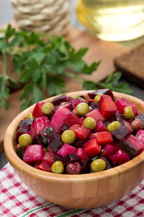 Russian Beetroot Salad Vinaigrette in a Wooden Bowl, Close-up Stock ...