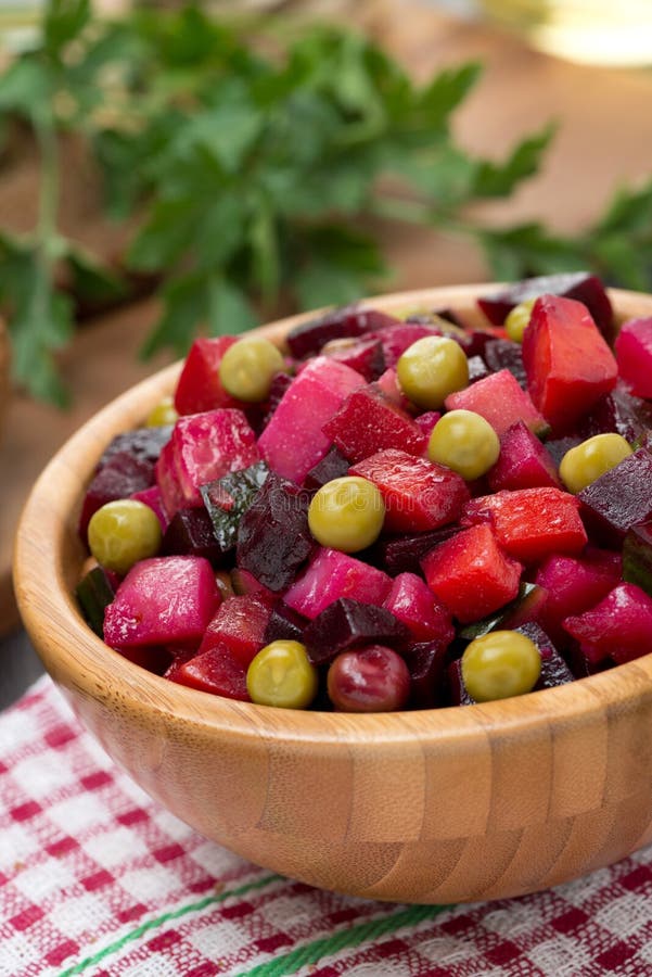 Russian Beetroot Salad Vinaigrette in a Wooden Bowl, Close-up Stock ...