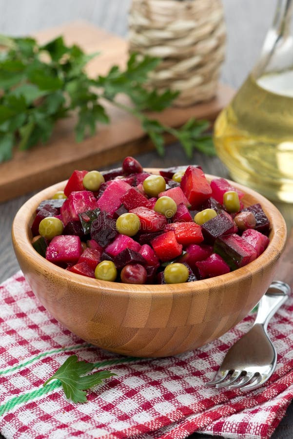 Russian Beetroot Salad Vinaigrette in a Wooden Bowl, Close-up Stock ...