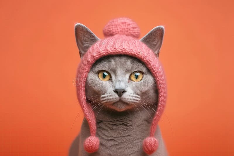 Russian Blue Cat in Cap on Peach Color Background. Generative AI Stock ...