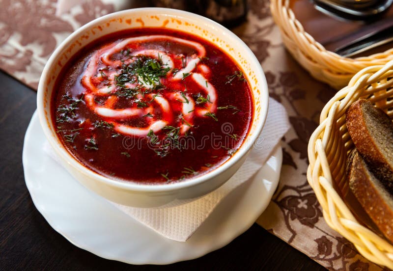 Russian Borsch Red Soup with Meat and Sour Cream Stock Photo - Image of ...