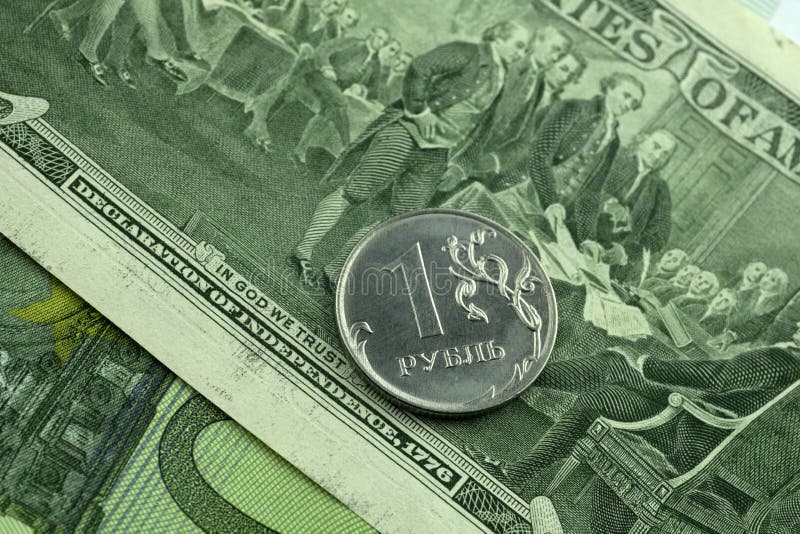 Russian Coin of 1 Ruble and Dollar and Euro Banknotes, Stock Photo ...