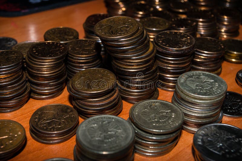 Russian Coins Stacked on the Table Stock Photo - Image of symbol, bank ...