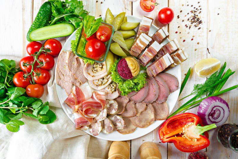 Russian Cool Meat Assortment Appetizer with Vegetables Stock Image ...