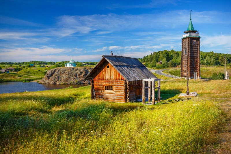 Russian Countryside with Old Log House and Fire Tower Stock Image ...