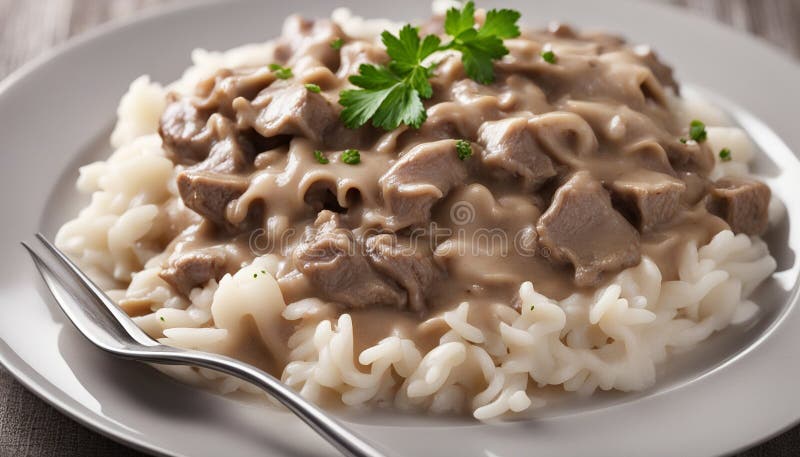 Russian Cuisine: Beef Stroganoff with Rice Close-up on a Plate on the ...