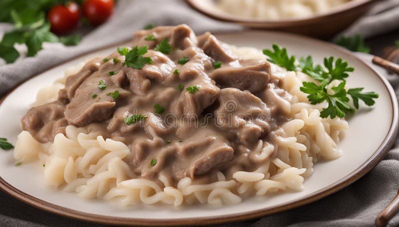Russian Cuisine: Beef Stroganoff with Rice Close-up on a Plate on the ...