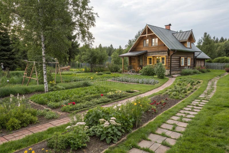Russian Dacha with Garden and Vegetable Patch Stock Illustration ...
