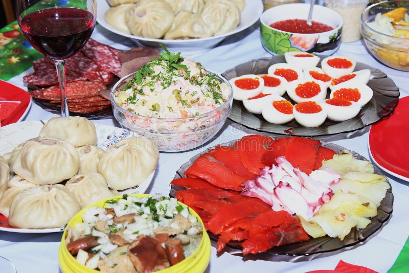 Russian Festive Table with Seafood and Salmon Caviar Stock Photo ...