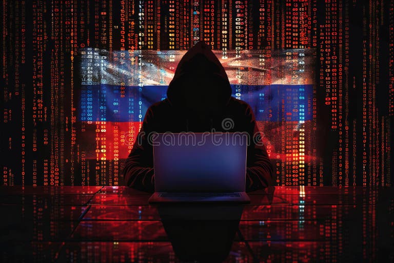 The Russian Flag is Made of Binary Code, the Hacker in Front with His ...