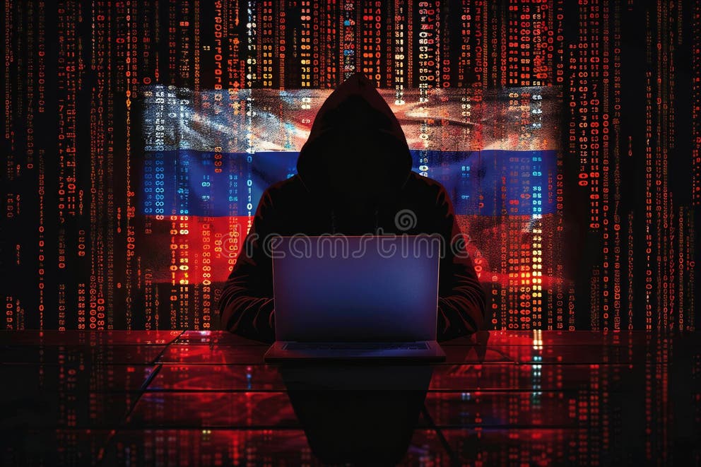 The Russian Flag is Made of Binary Code, the Hacker in Front with His ...