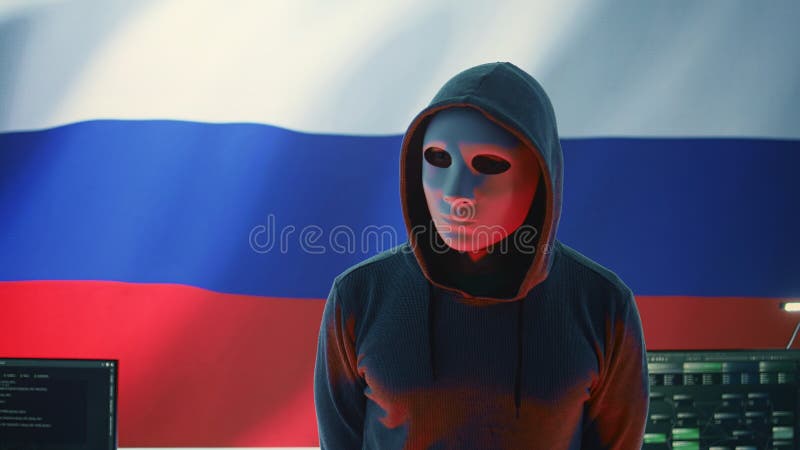 Russian Hacker in a Governmental it Environment with a Russian Flag ...