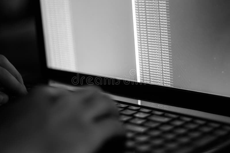Russian Hacker Hacking the Server in the Dark Black and White Stock ...