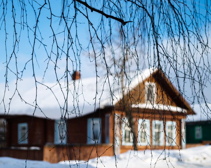 Russian House through Tree Branches Backdrop Stock Image - Image of ...