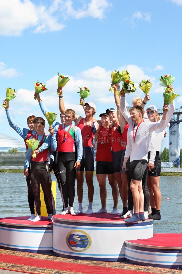 Russian Men Team Rowing with Medals on Pedestal Editorial Stock Image ...