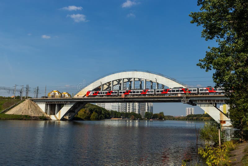 Russian Modern High-speed Electric Train on a Bridge. Sunny Day Stock ...