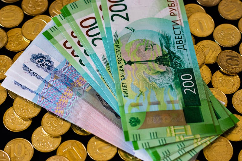 Russian Money, 50 and 200 Rubles Banknotes and 10 Rubles Coins ...