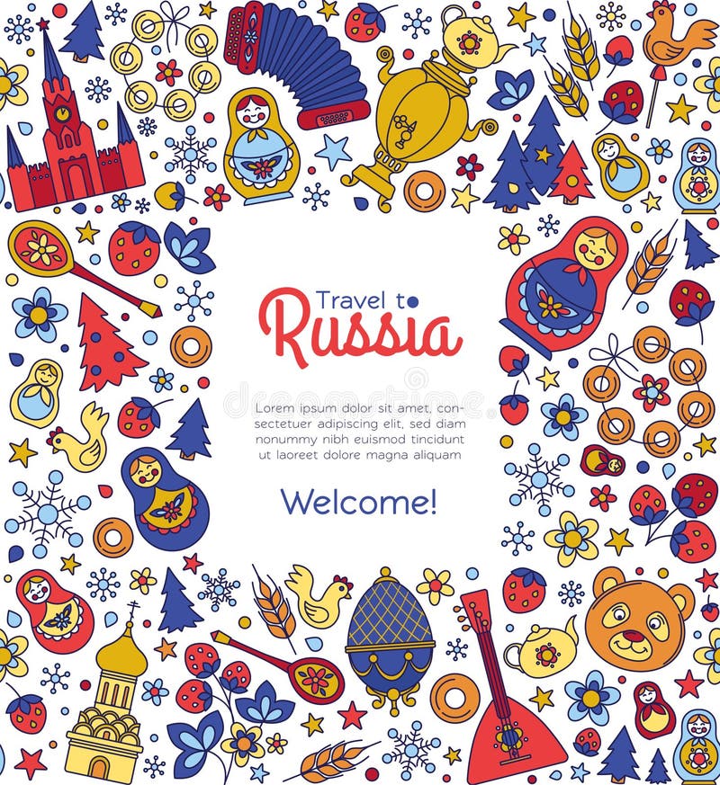 Russian Moscow Colored Thin Line Icons Background Border Frame Pattern ...