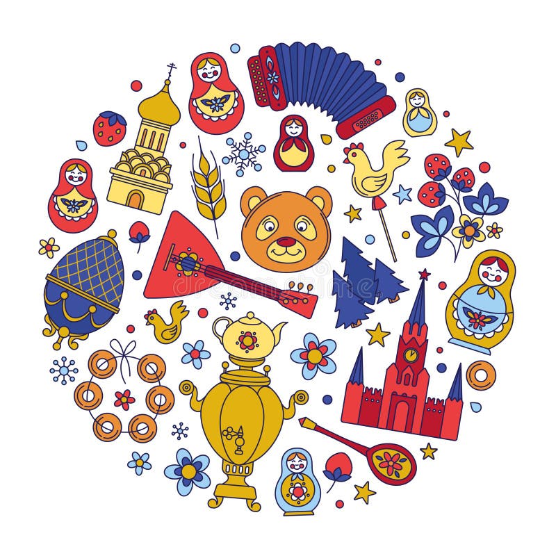 Russian Moscow Colored Thin Line Icons Background Circle Frame Pattern ...