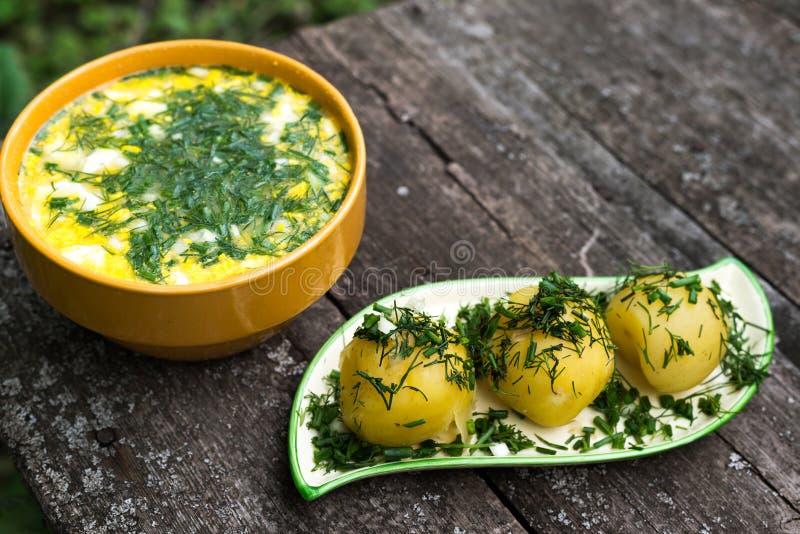 Russian National Dish - Boiled Potatoes and Okroshka Stock Photo ...