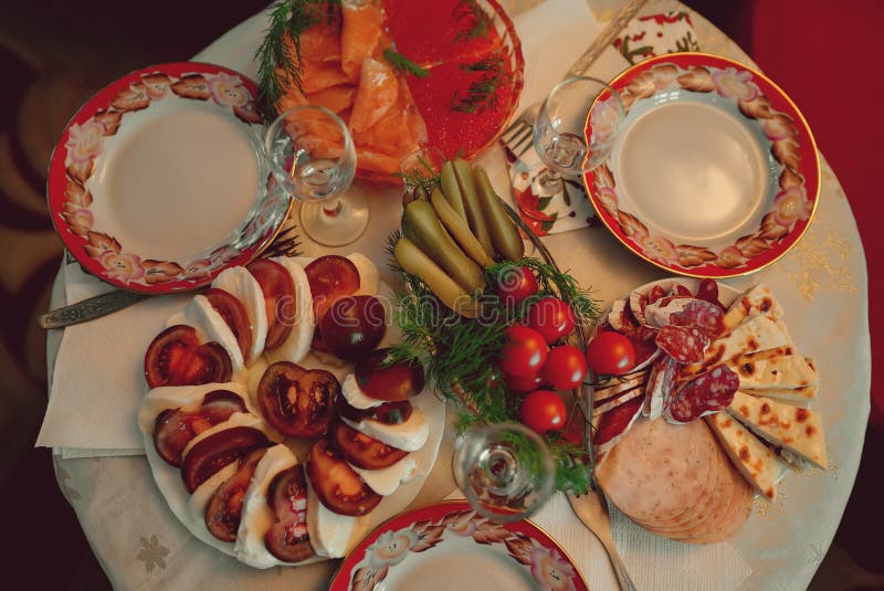 Russian New Year`s table. stock image. Image of party - 264850513