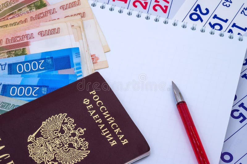 Russian Passport and Russian Money, Notepad and Red Pen and Rubles ...