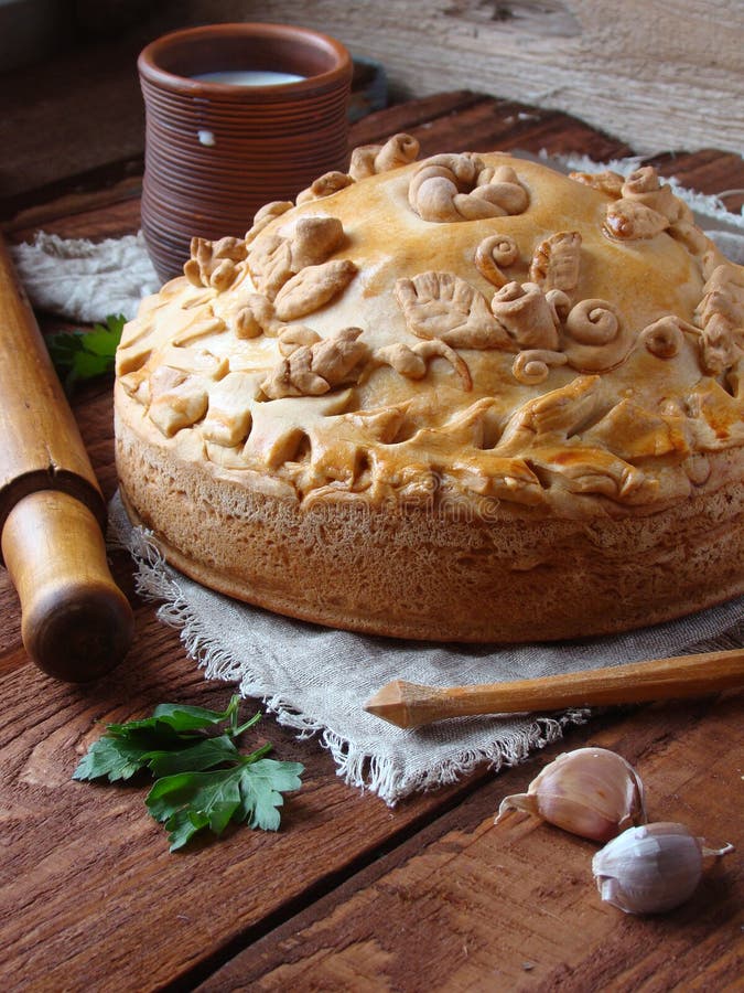 The Russian Pie with Chicken and Mushrooms Stock Image - Image of onion ...