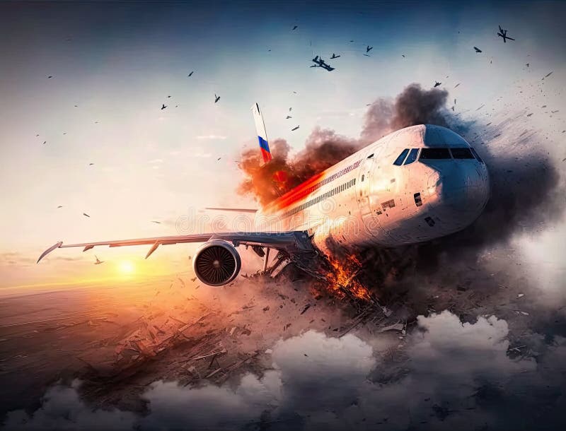 Russian Plane Crash in Dramatic Sunset Sky, Burning Airplane Engine ...