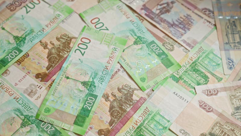 Russian Ruble Banknotes Scattered Over a Surface, Depicting Various ...