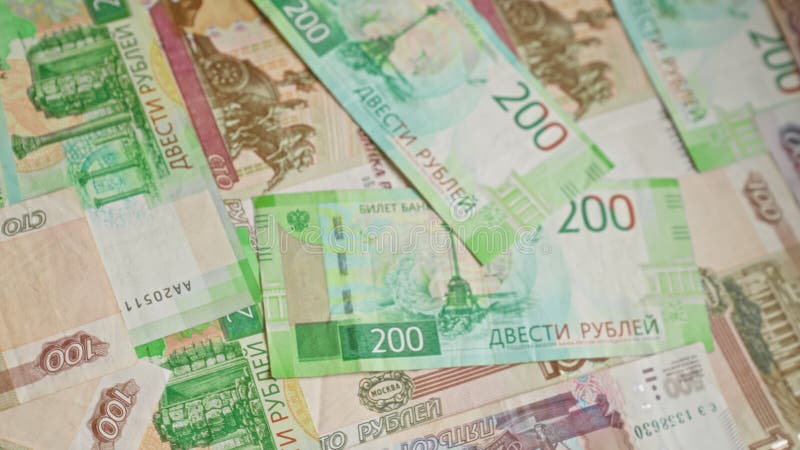 Russian Ruble Banknotes Scattered in a Random Pattern Showing Different ...