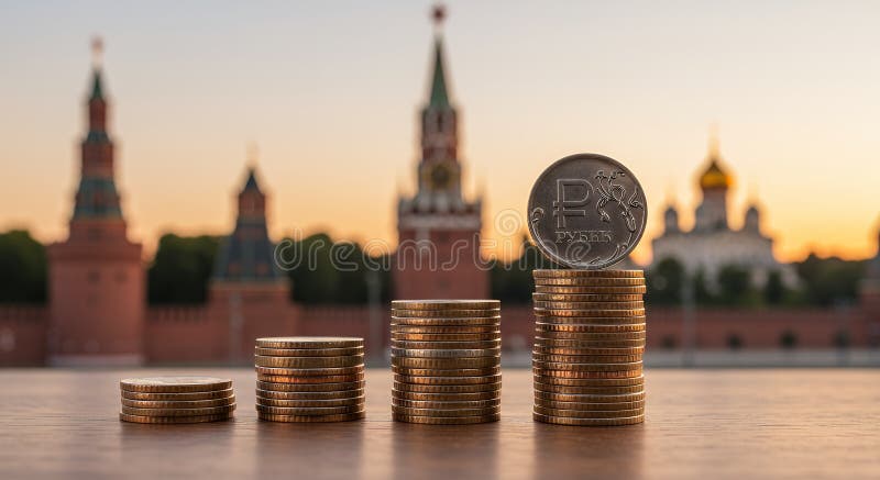 Russian Ruble Growth: Coin Stacks Against Moscow Kremlin Sunset Stock ...