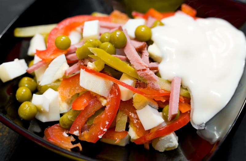 Russian salad, macro stock photo. Image of onion, paprika - 16195806