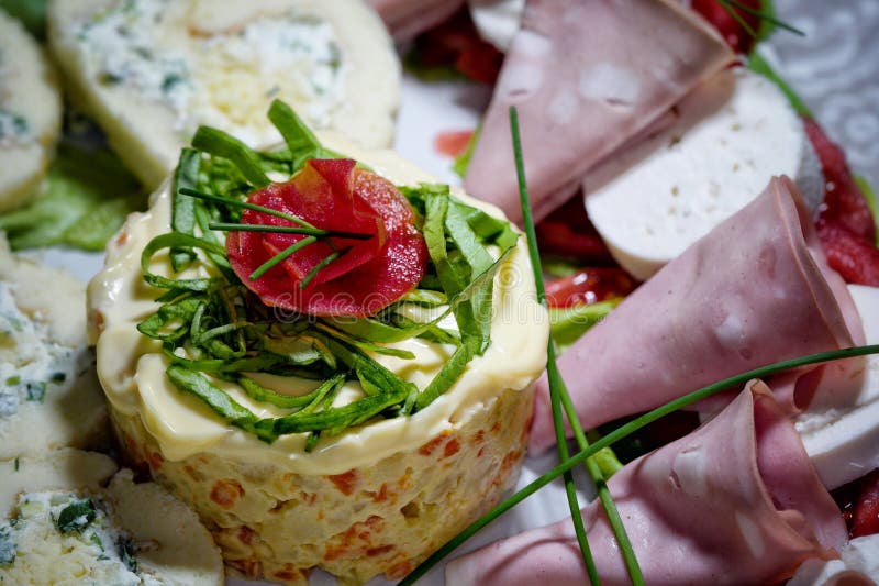 Russian Salad and Mortadella Plate Stock Photo - Image of salad ...