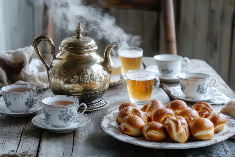 A Russian Samovar with Cups of Hot Tea and Pretzels on a Rustic Table ...
