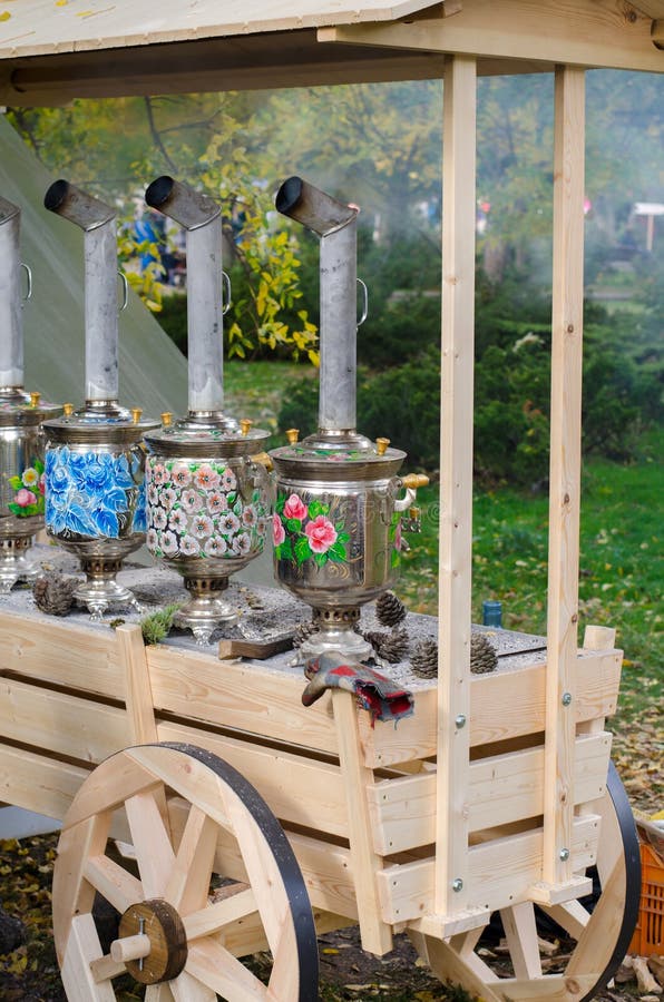 Russian samovars stock photo. Image of wood, vegetation - 124574972