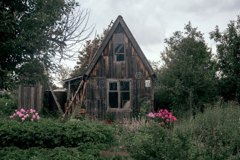 Rustic Russian House with Garden Stock Photo - Image of building ...